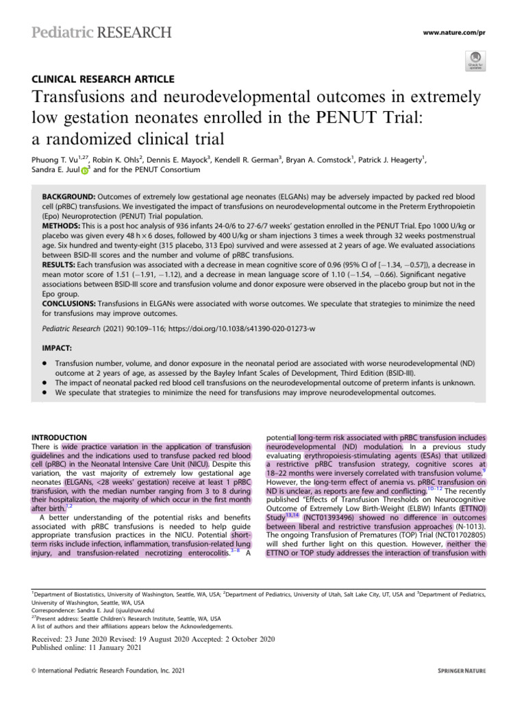 Transfusions and Neurodevelopmental Outcomes in Extremely Low Gestation ...