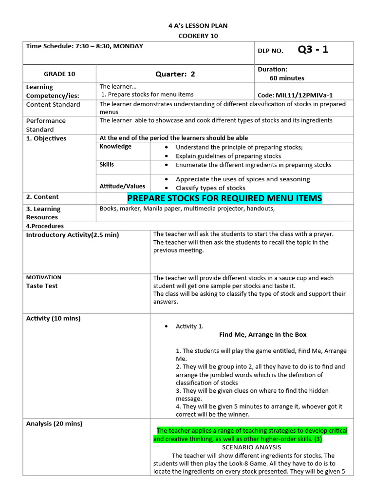 Grade 10 Cookery Lesson Plan: Stocks | PDF