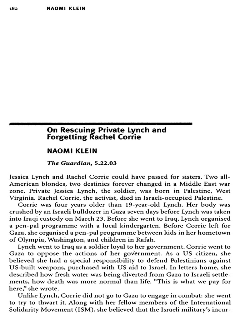 Klein, Naomi - On Rescuing Private Lynch and Forgetting Rachel Corrie ...
