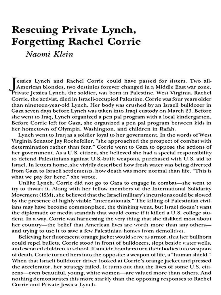 Klein, Naomi - Rescuing Private Lynch, Forgetting Rachel Corrie (2003 ...