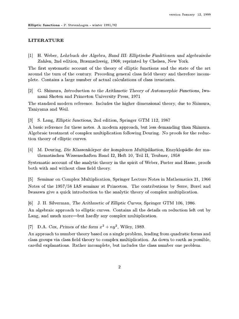 Elliptic Function Literatures | PDF