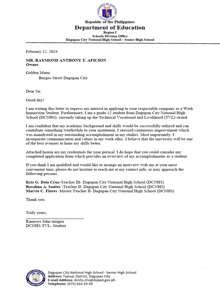 Sample WORK IMMERSION APPLICATION LETTER | PDF | Social Science | Wellness