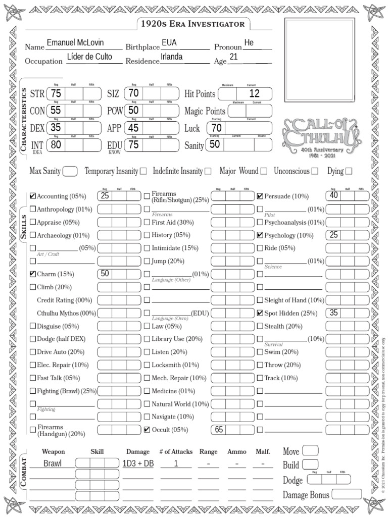 CoC7 PC Sheet - Auto-Fill - 1920s - Standard - Greyscale | PDF