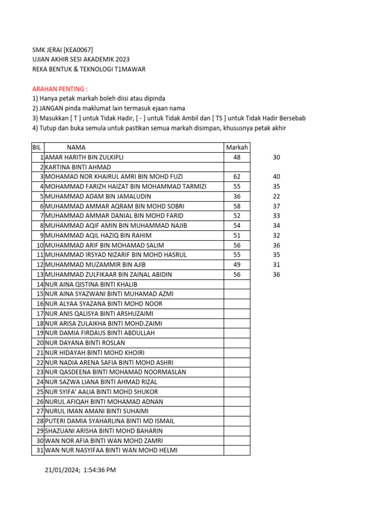 Markah Ujian Akhir Sesi Akademik 2023 Reka Bentuk & Teknologi T1mawar | PDF