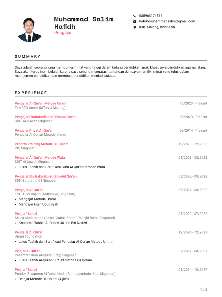 Muhammad Salim Hafidh - Pengajar - Resume (6) - 1 | PDF