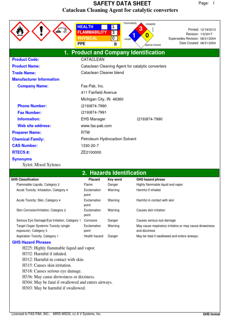 Cataclean MSDS | PDF | Clean Air Act (United States) | Toxicity