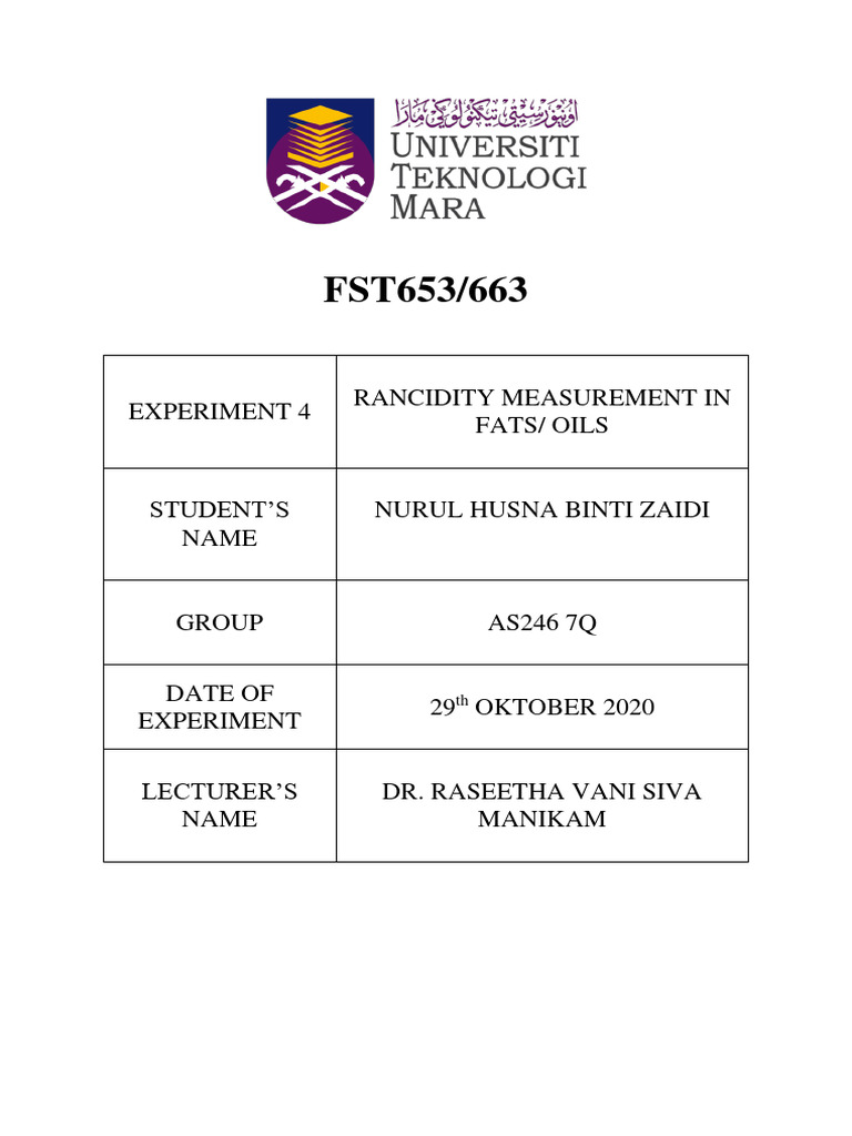 FST 653 - Rancidity Measurement in Fats Oils | PDF | Chemistry | Chemical Substances