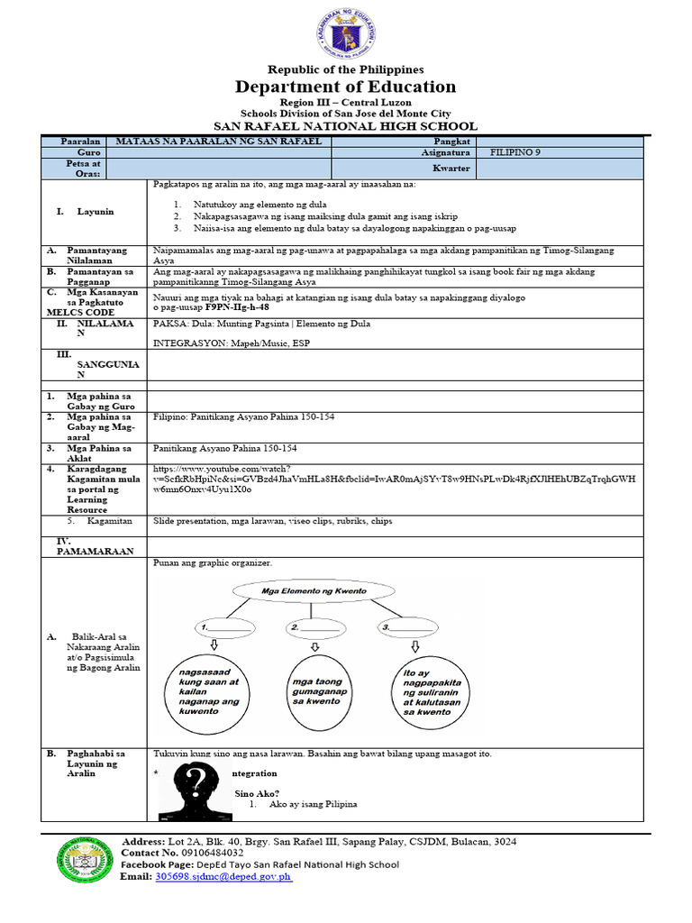 Banghay Aralin Sa Filipino 9 - Elemento NG Dula | PDF