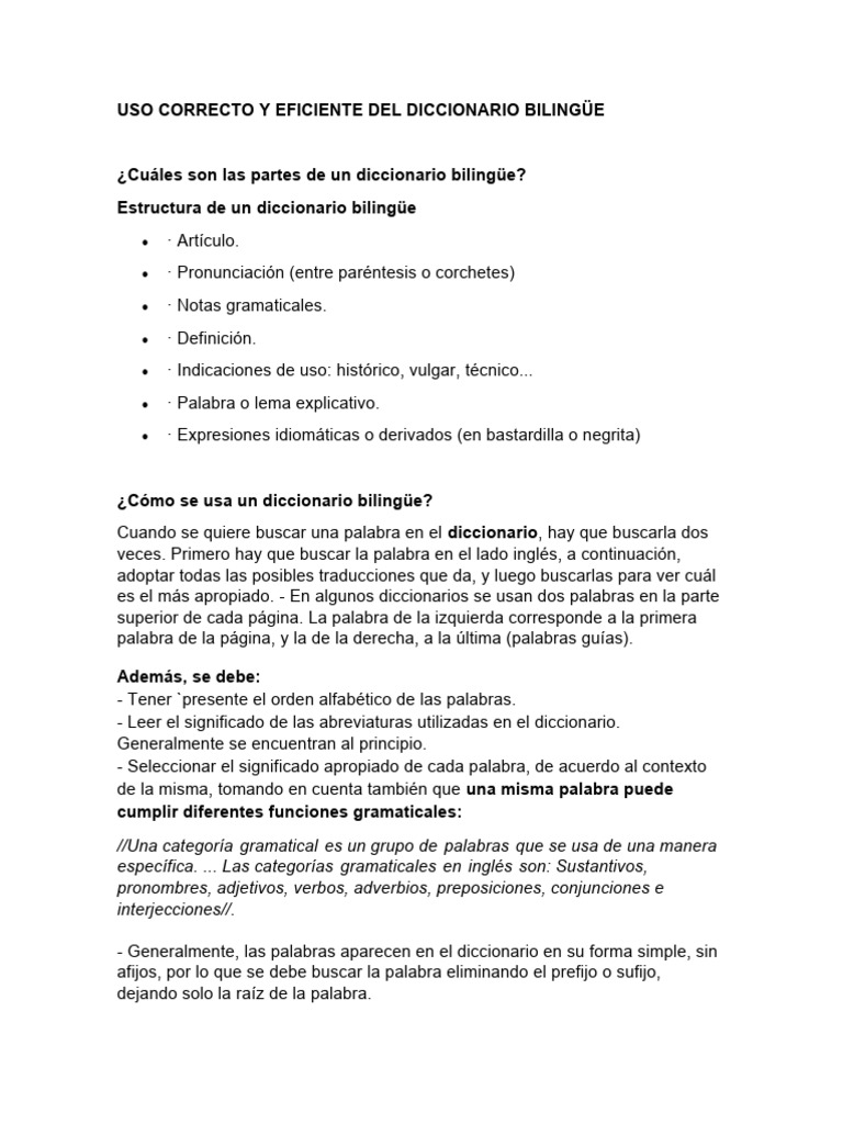 Uso Correcto y Eficiente Del Diccionario Bilingüe | PDF | Diccionario | Palabra