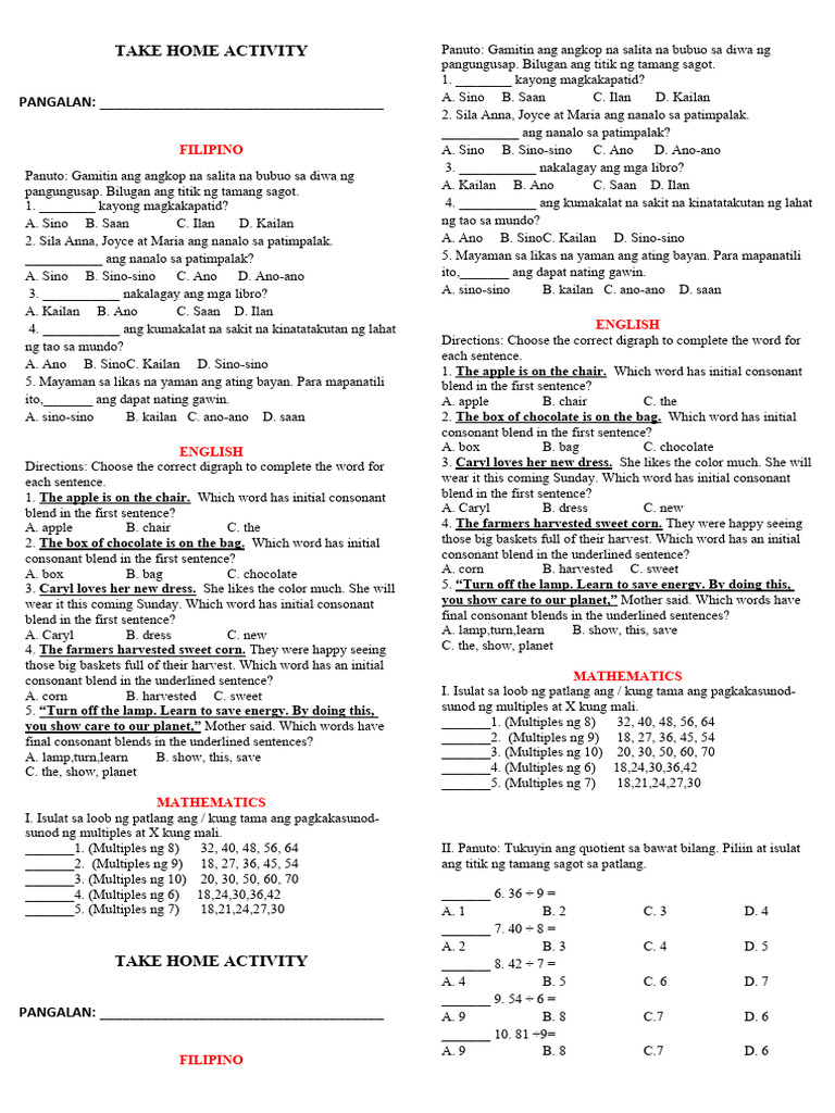 Take Home Activity - Grade 3 | PDF