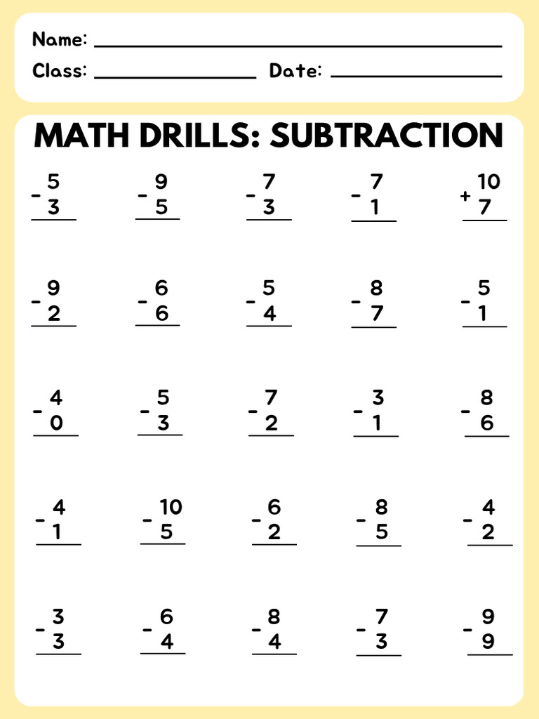 Subtraction Math Drills Worksheet | PDF