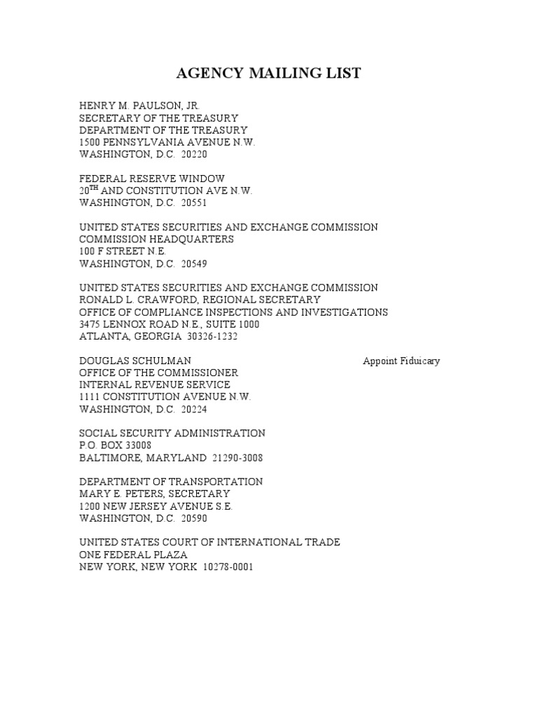 Agency Mailing List 10-30-08 | PDF | Politics | Travel