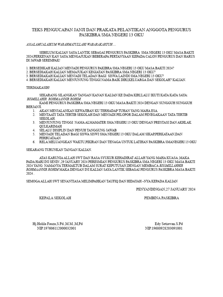 Teks Pengucapan Janji Dan Prakata Pelantikan Anggota Pengurus Paskibra ...