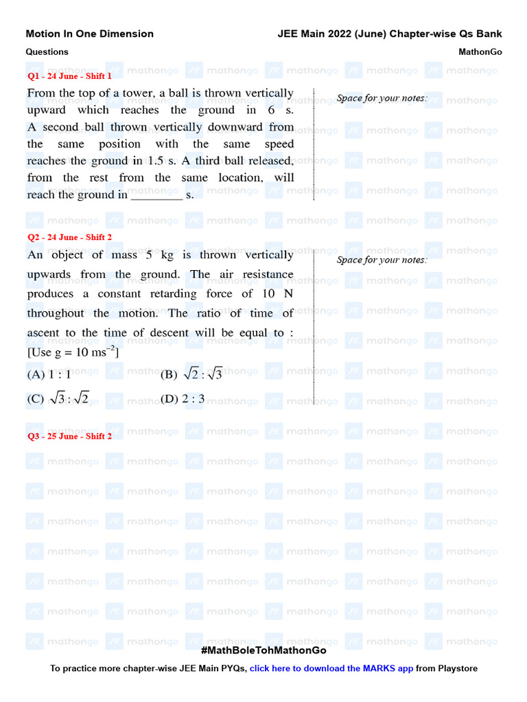 Motion in One Dimension - JEE Main 2022 Chapter Wise Questions by MathonGo | PDF | Business