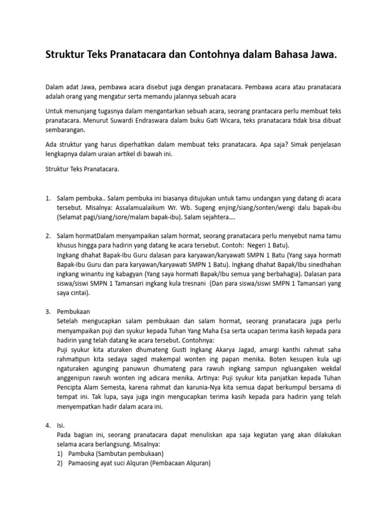 Struktur Teks Pranatacara Dan Contohnya Dalam Bahasa Jawa | PDF