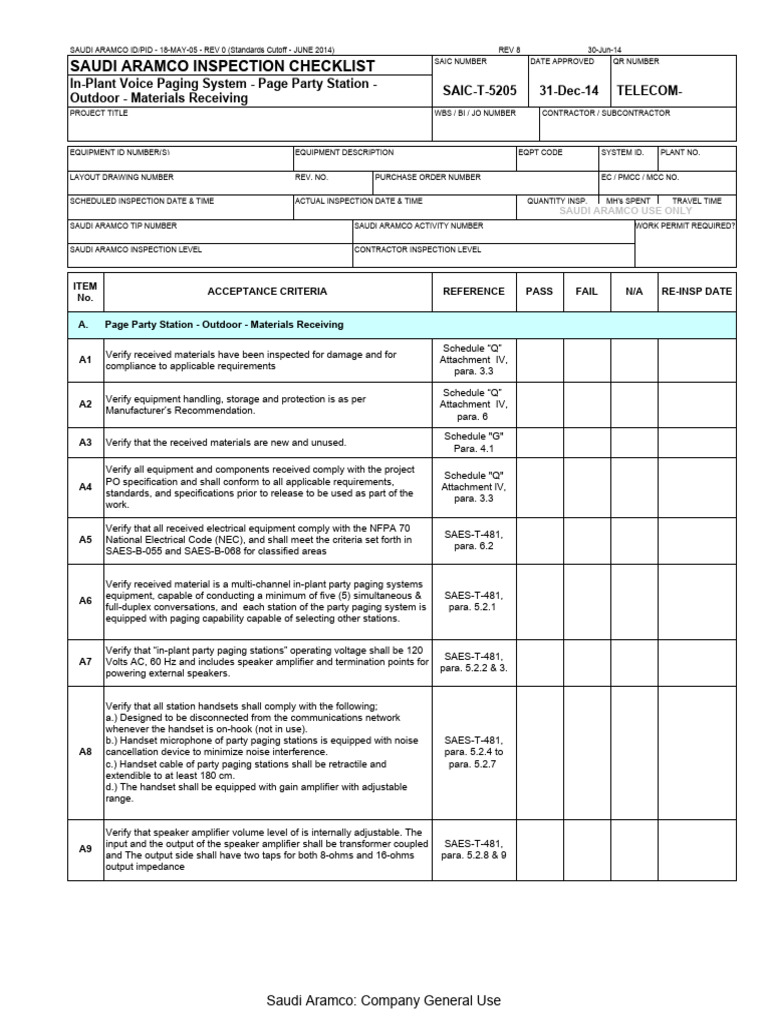 Saudi Aramco Inspection Checklist Guide | PDF | Amplifier | Loudspeaker