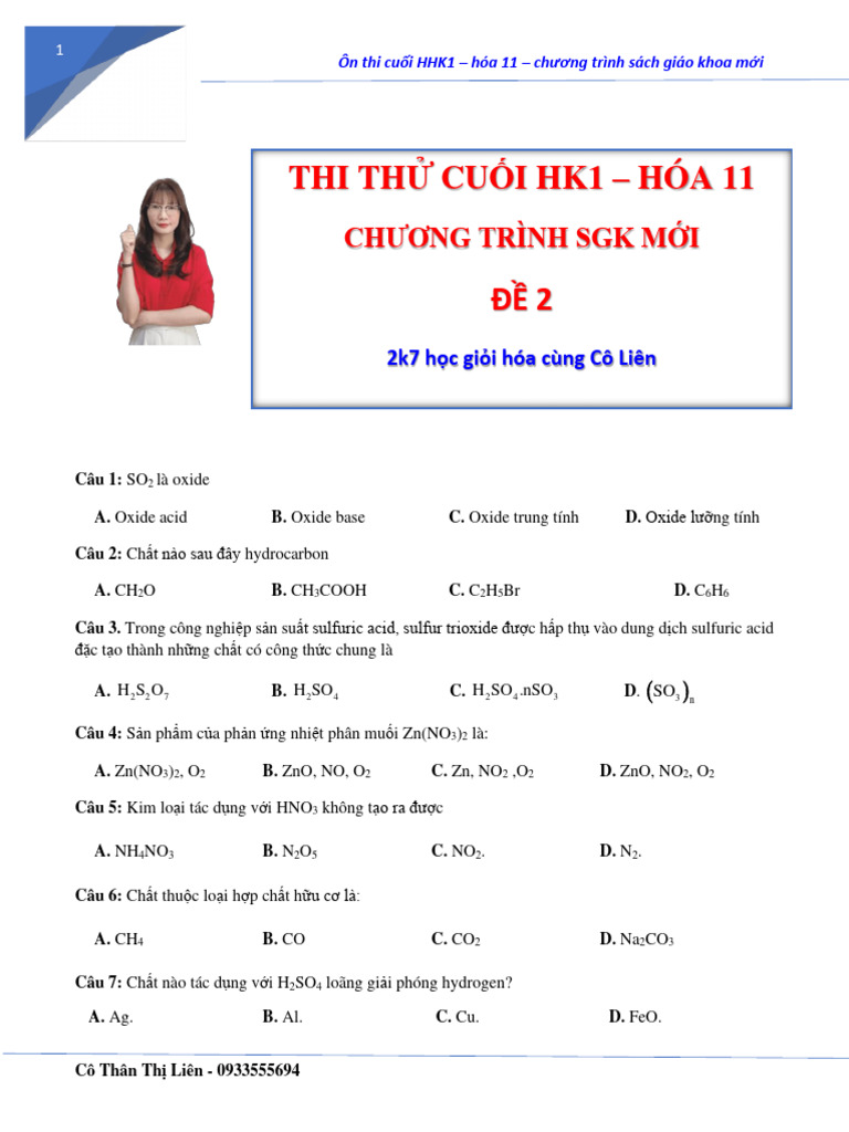 ĐỀ ÔN THI CUỐI HK1 - LẦN 2 - HÓA 11 - CÔ THÂN THỊ LIÊN | PDF