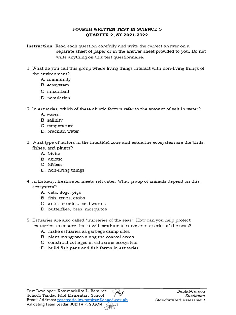Estuary Ecosystem Assessment Test | PDF | Estuary | Marine Biology
