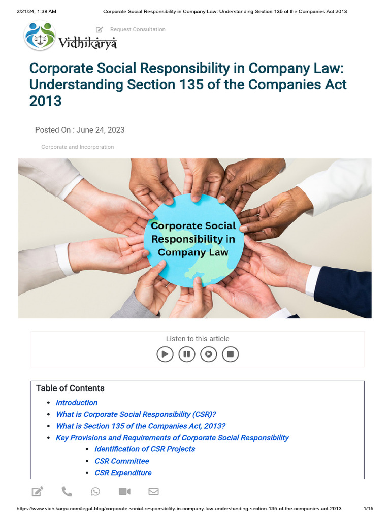 Corporate Social Responsibility in Company Law: Understanding Section ...