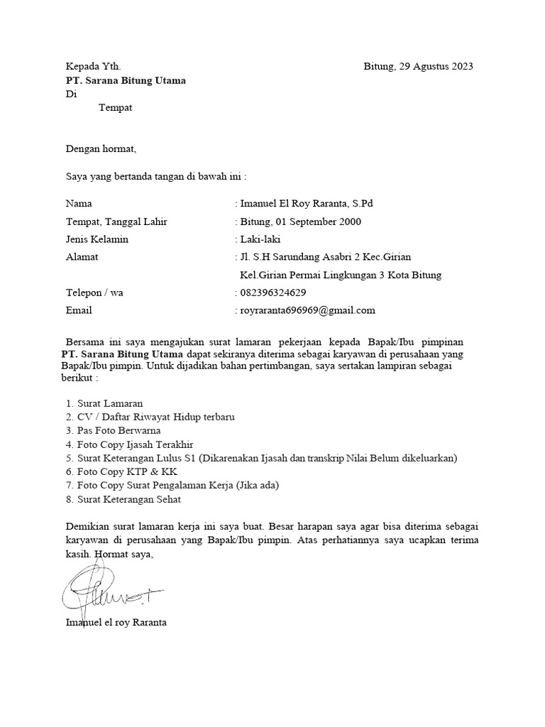 Surat Lamaran Imanuel El Roy Raranta, S.PD | PDF