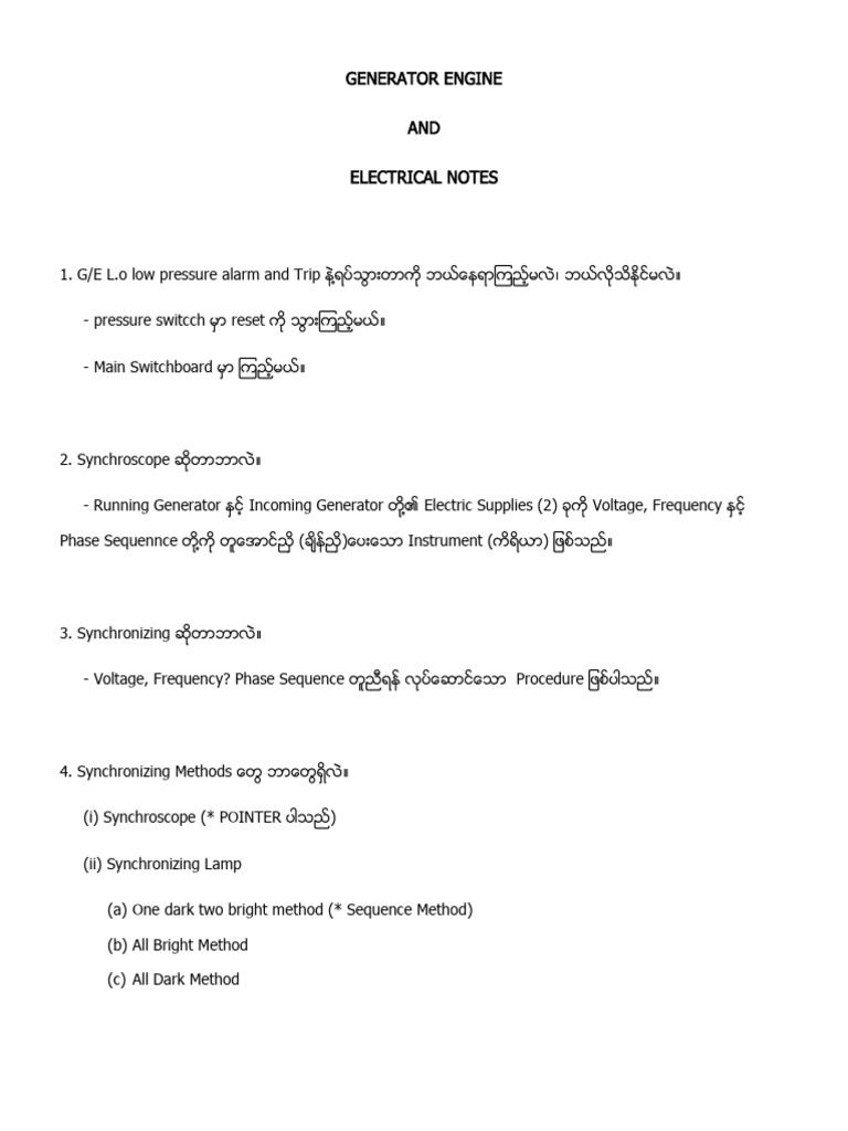 Generator Engine and Electrical Notes | PDF
