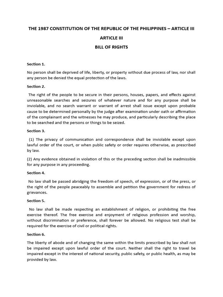 The 1987 Constitution of The Republic of The Philippines - Article Iii Article Iii Bill of ...