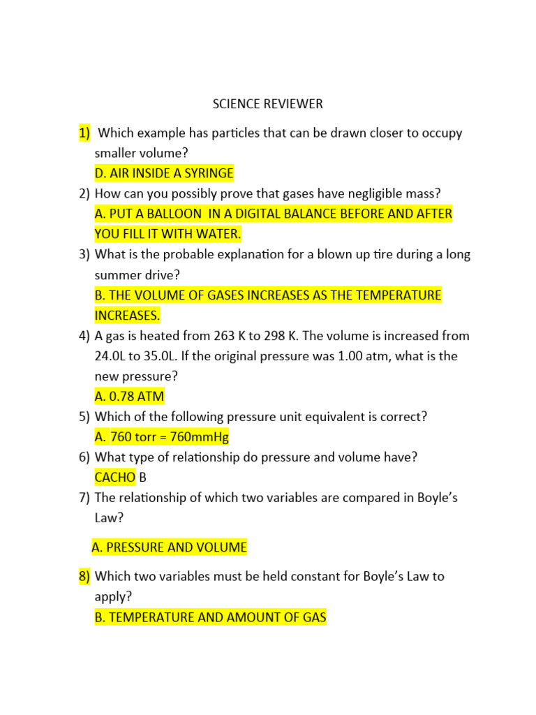 Grade 10 Science Exam Reviewer | PDF | Gases | Temperature