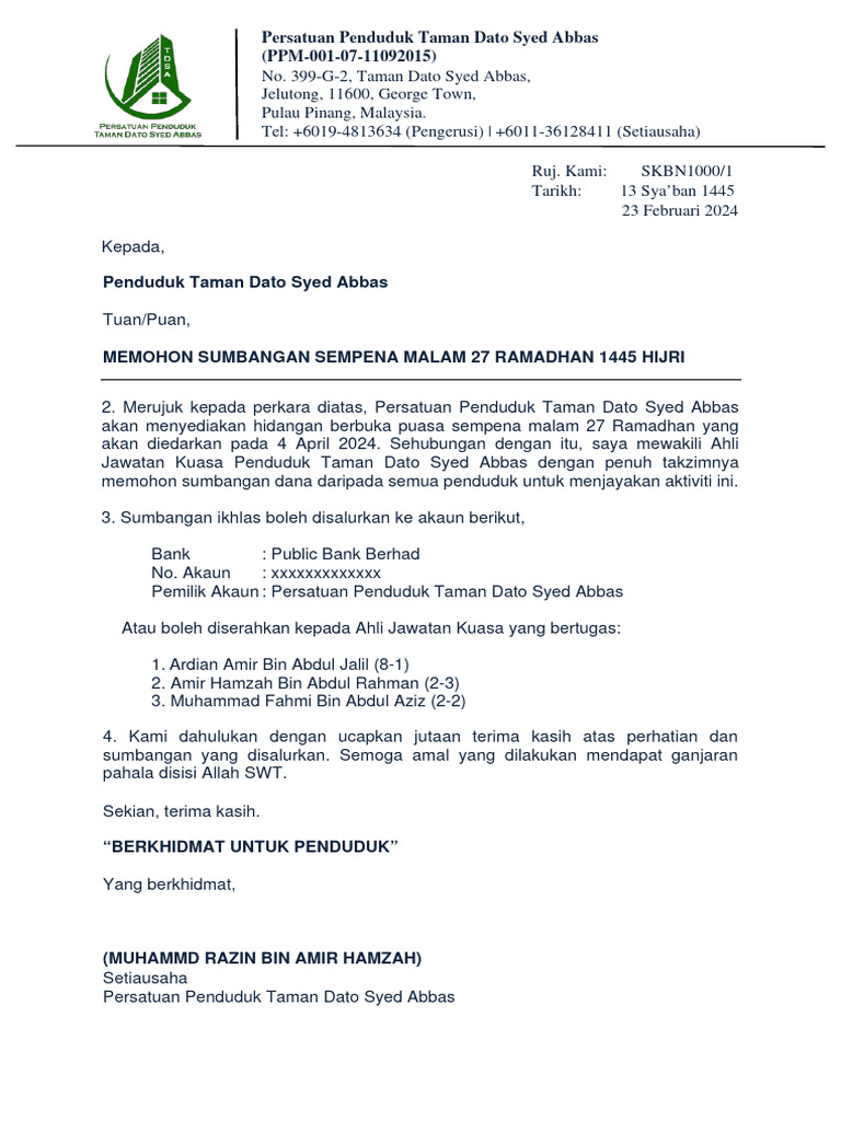 Surat Sumbangan Puasa | PDF
