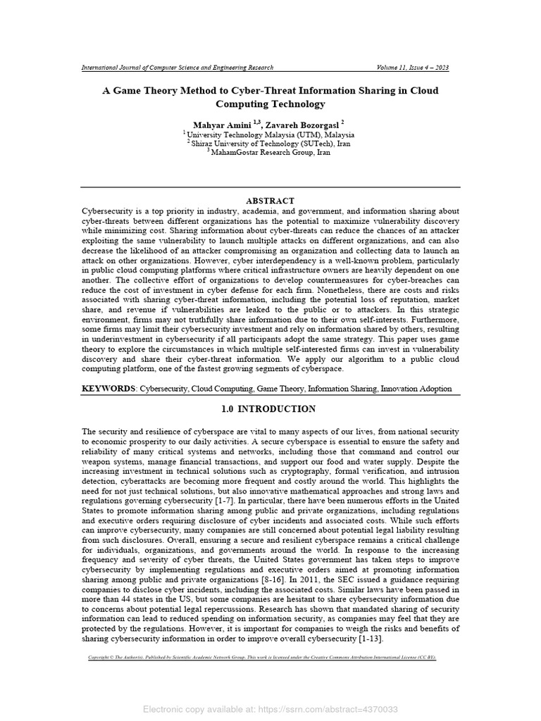 A Game Theory Method To Cyber-Threat Information Sharing in Cloud Computing Technology | PDF ...