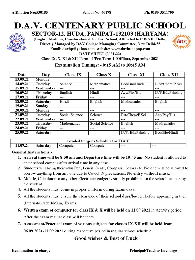 D.A.V. School Term 1 Exam Schedule 2021 | PDF