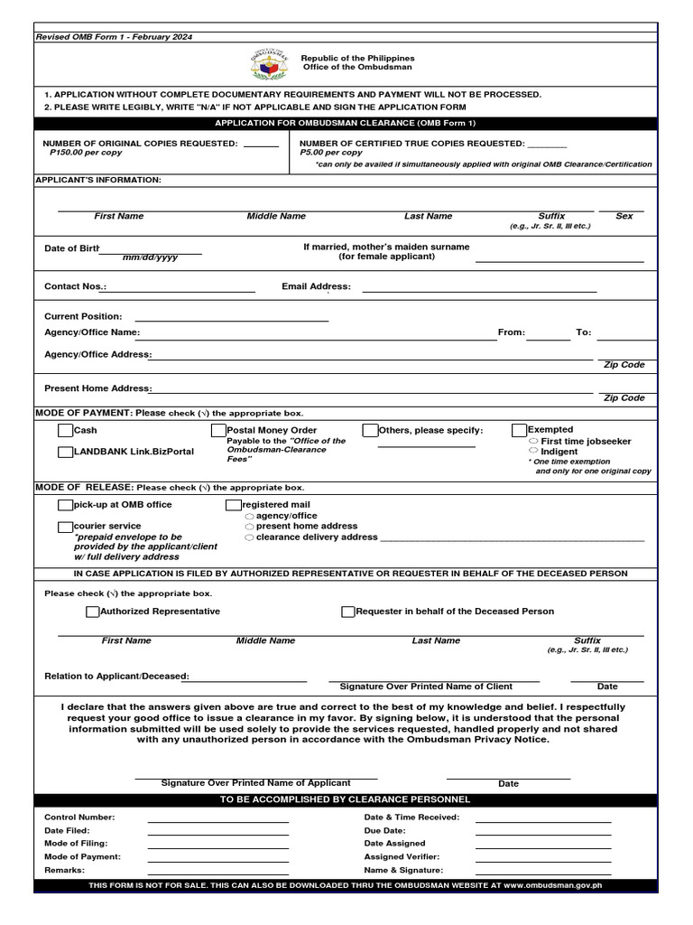 OMB Form 1 - Application For Ombudsman Clearance | PDF | Mail ...