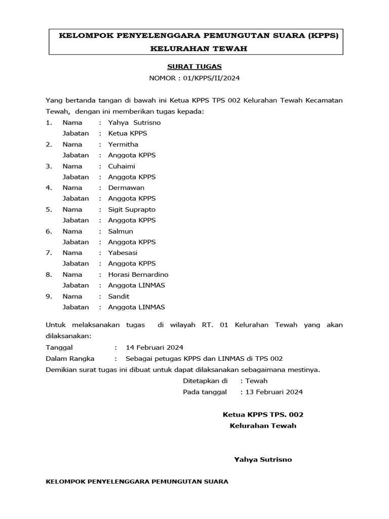 SURAT TUGAS KETUA KPPS Dan Bukti Konfirm | PDF