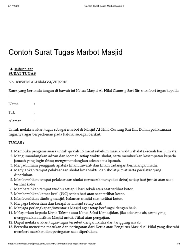 Contoh Surat Tugas Marbot Masjid | PDF