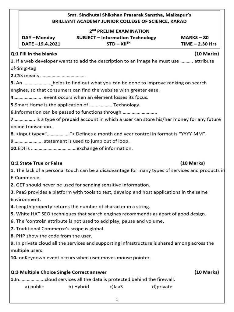 12th IT Prelim 2 Ques.P (20-21) | PDF | Art