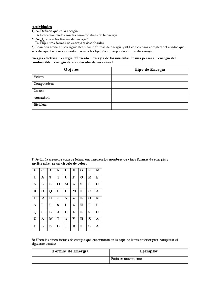 Actividades sobre Energía y Recursos Naturales | PDF | Estudios de ...