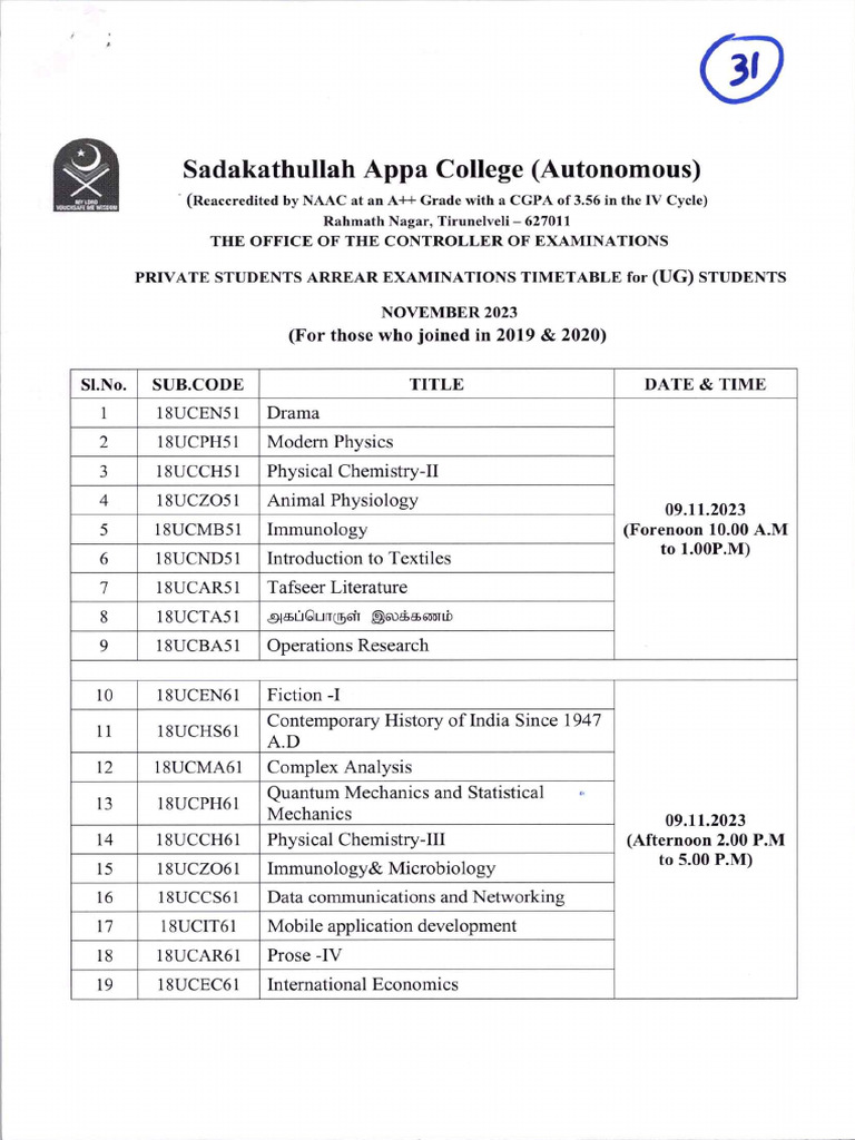 (Ug) Private (Arrear) November 2023 Semester Examination Timetable | PDF