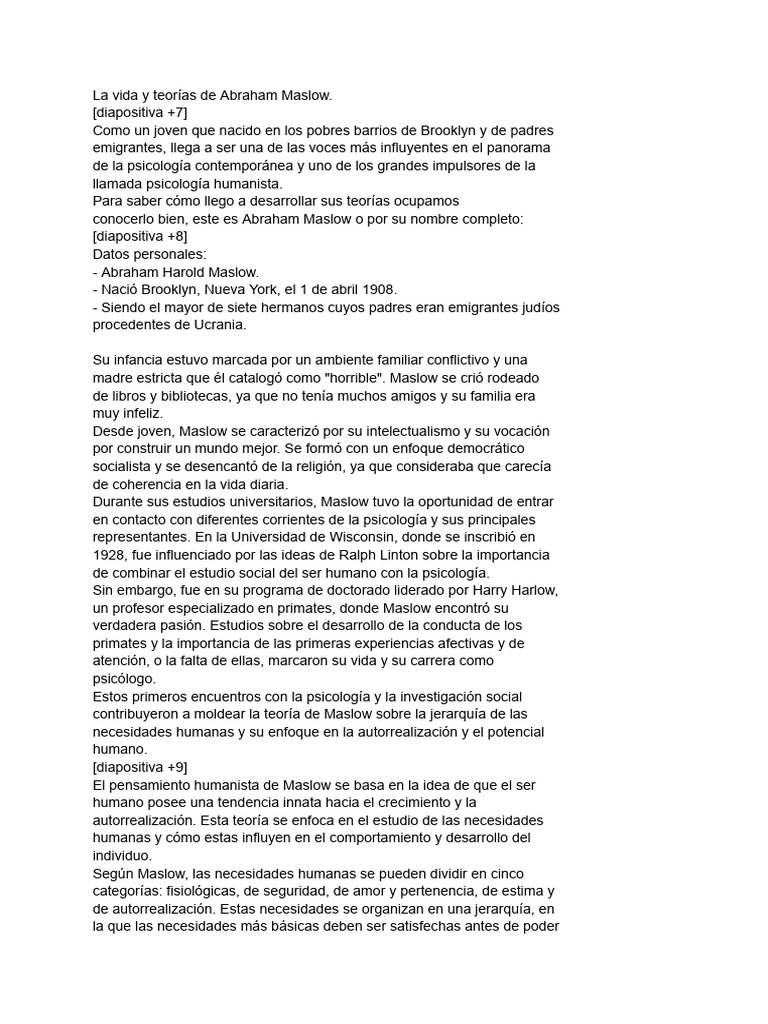 La Vida y Teorías de Abraham Maslow | Descargar gratis PDF | Sicología | Ciencias del comportamiento