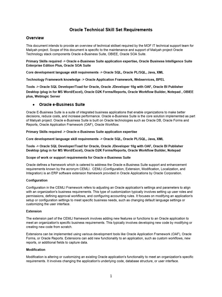 Oracle Technology Skill Set Requirements | PDF | Oracle Corporation | Service Oriented Architecture