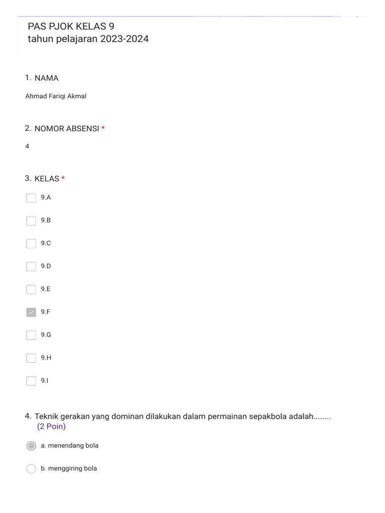 PAS PJOK KELAS 9 Tahun Pelajaran 2023-2024 | PDF