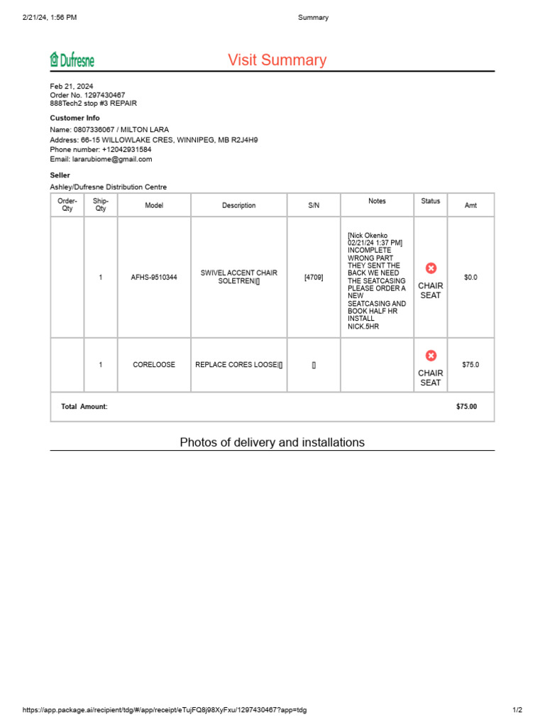 Visit Summary: Photos of Delivery and Installations | PDF