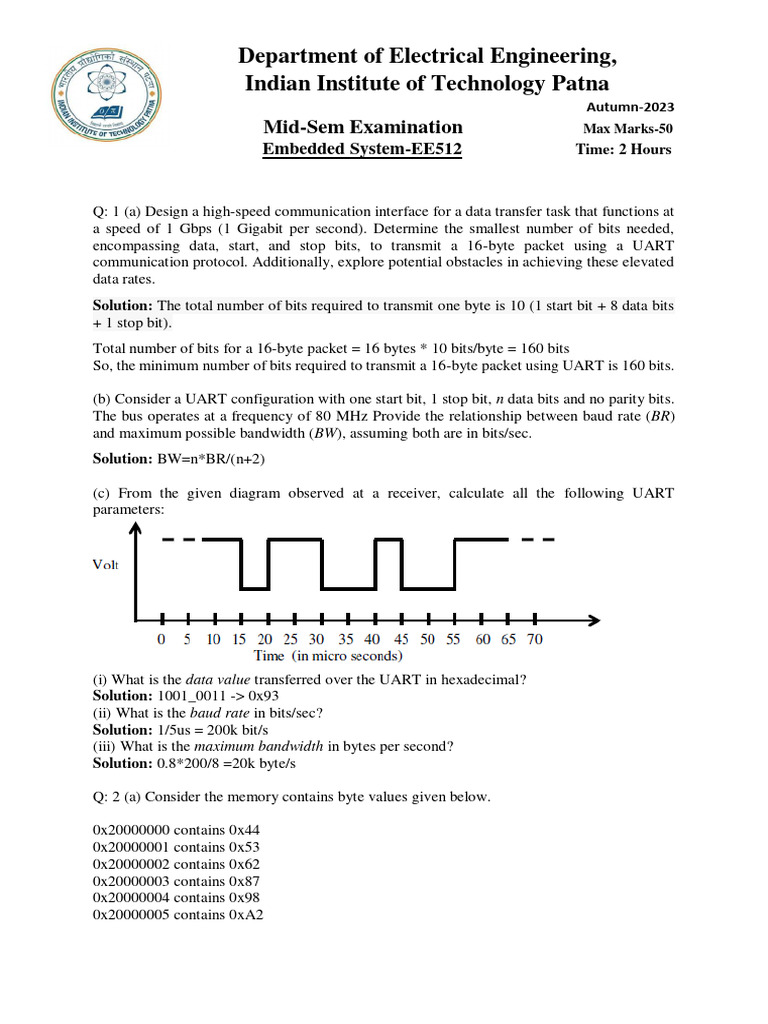 Embedded System - MidSem - Autumn2023 - Solution | PDF | Analog To Digital Converter | Bit Rate