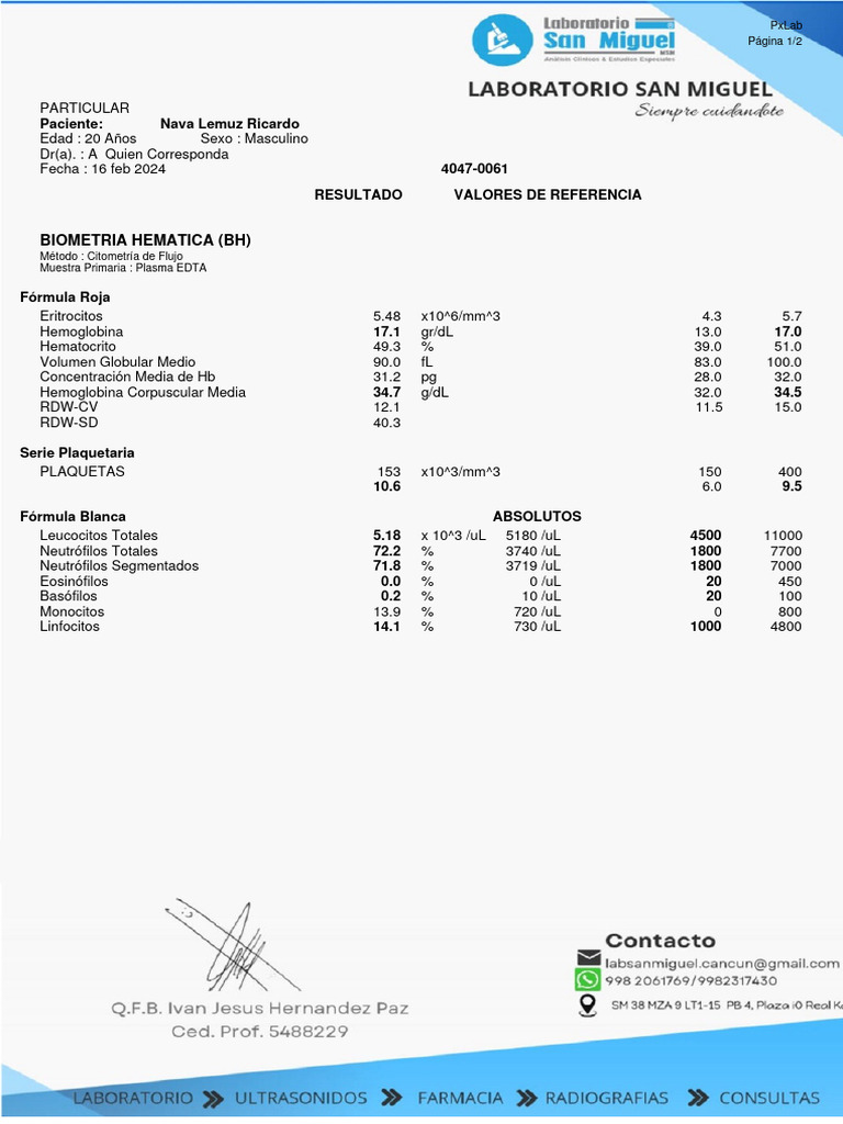 Biometria Hematica (BH) : Paciente: Nava Lemuz Ricardo | PDF