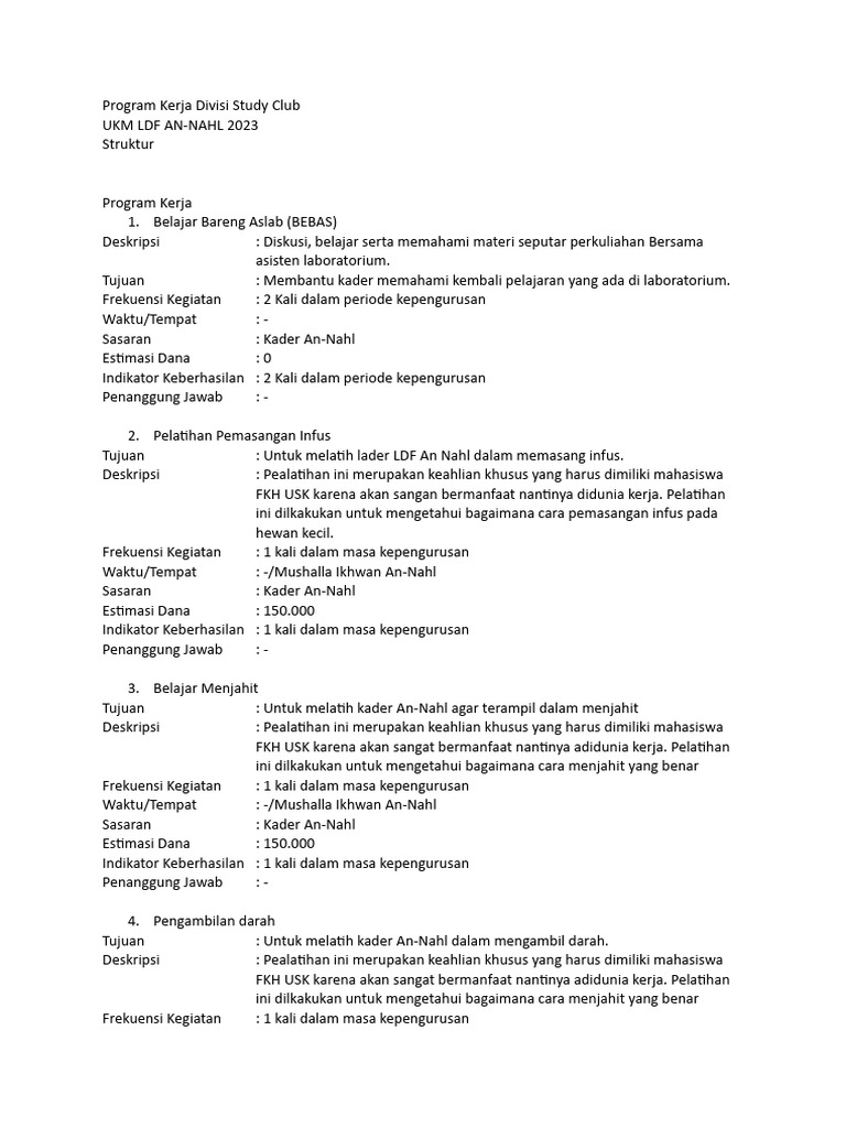 Program Kerja Divisi Study Club | PDF