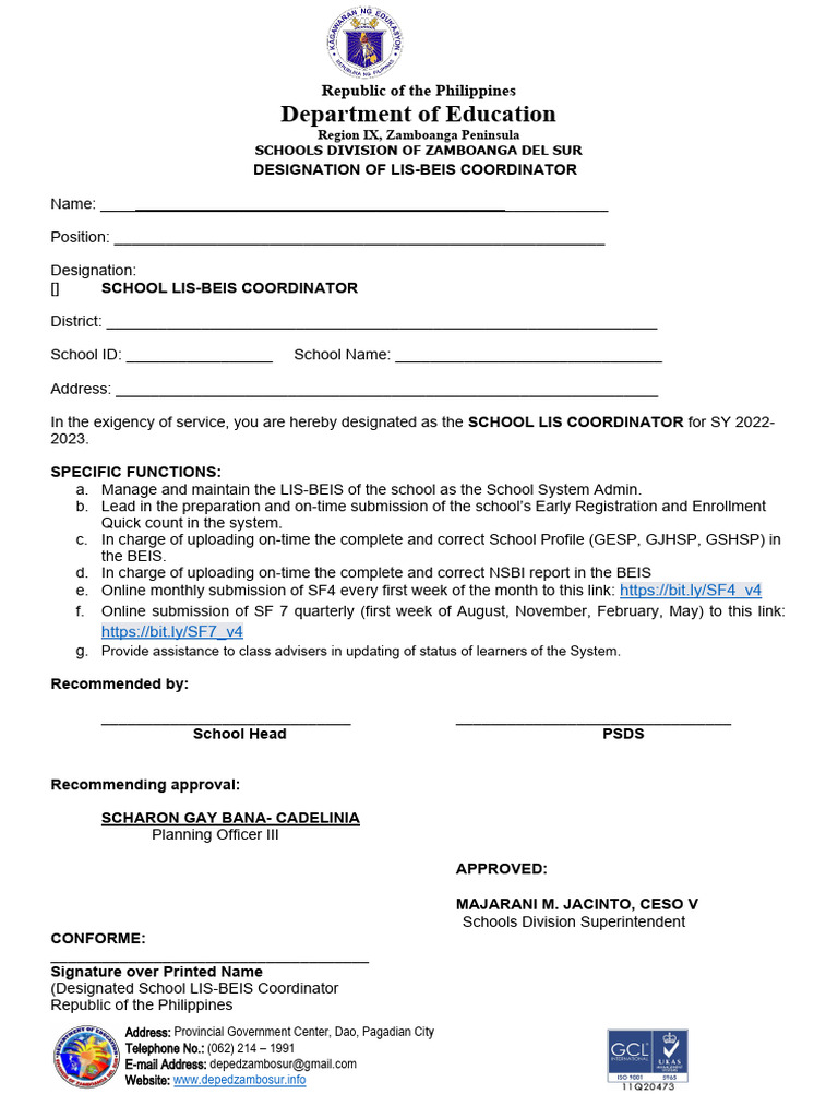Final - DESIGNATION OF LIS COORDINATORS 1 | PDF