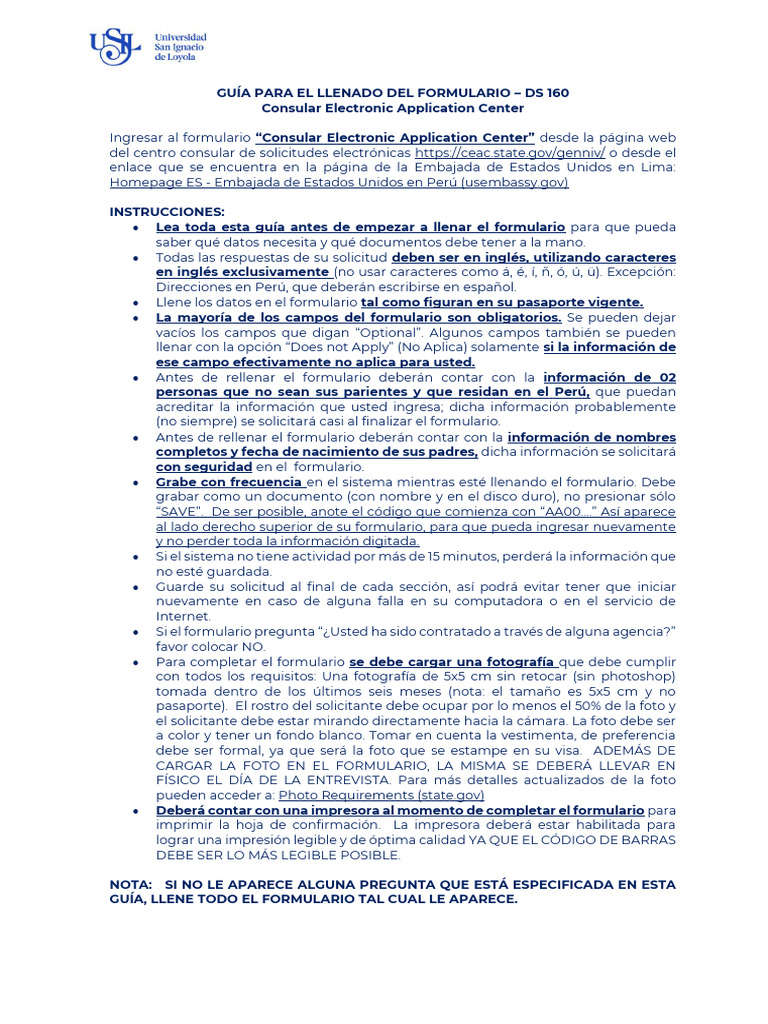 Guía Completa para Llenar el Formulario DS-160 | PDF