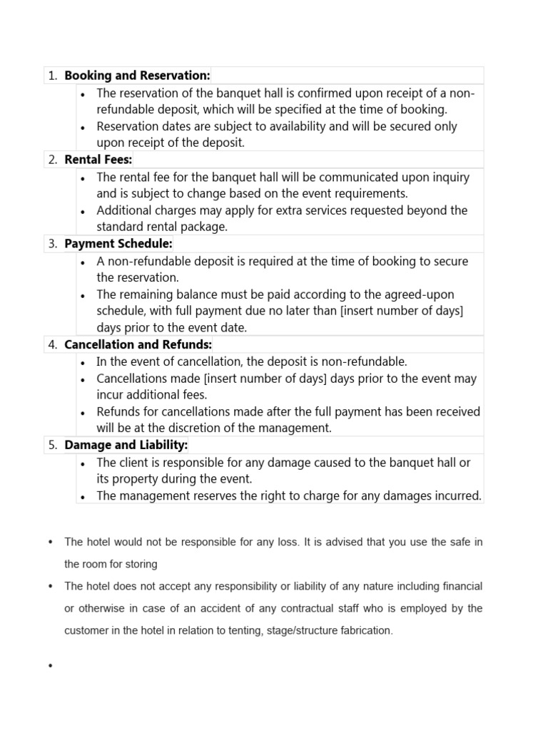 Banquet Hall Booking Terms and Conditions | PDF | Indemnity | Insurance