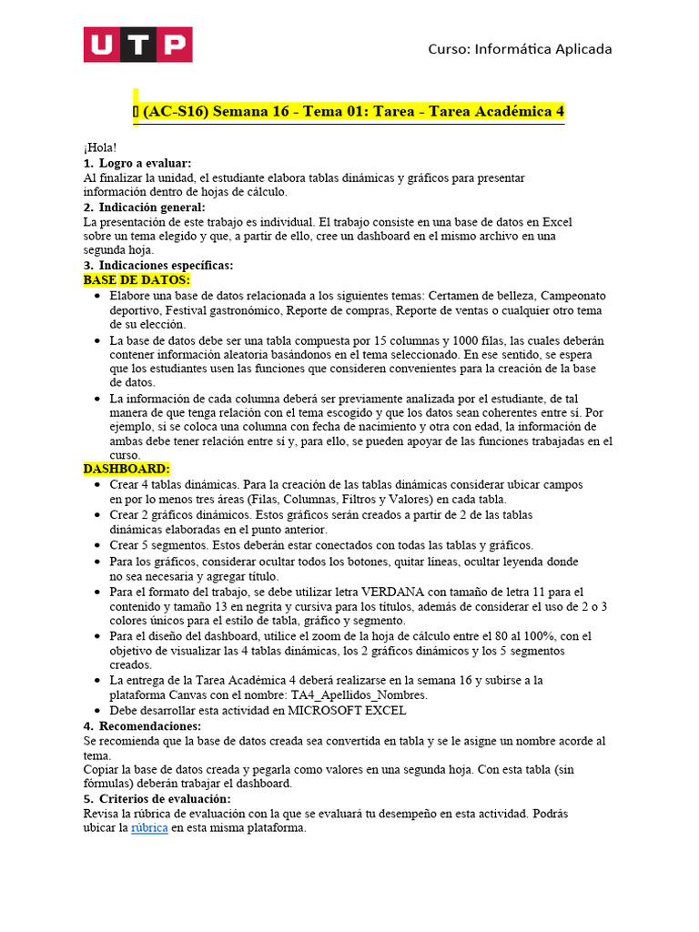 ? (AC-S16) Semana 16 - Tema 01 Tarea - Tarea Académica 4 (TERMINADO) Informatica Aplicada | PDF ...
