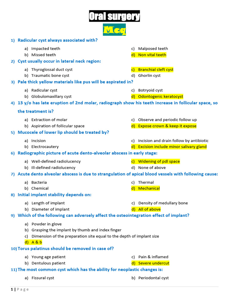 Oral Surgery MCQ | PDF | Dental Implant | Medical Specialties Oral Surgery MCQ | PDF | Dental Implant | Medical Specialties