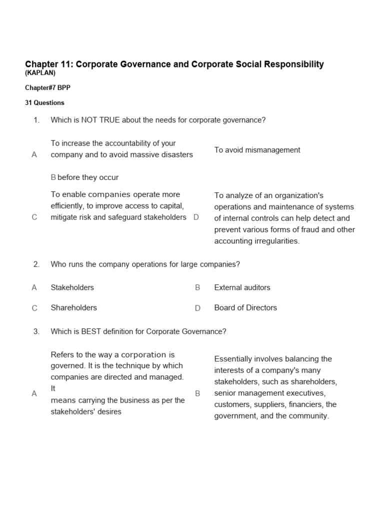 Chp11-Corporate Governance and CSR 31Q | PDF | Career & Growth ...