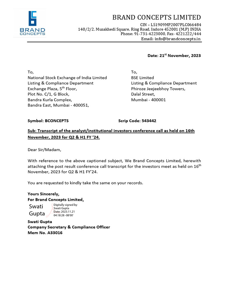 Brand Concept Concall Q2FY24 | PDF | Business | Finance & Money Management